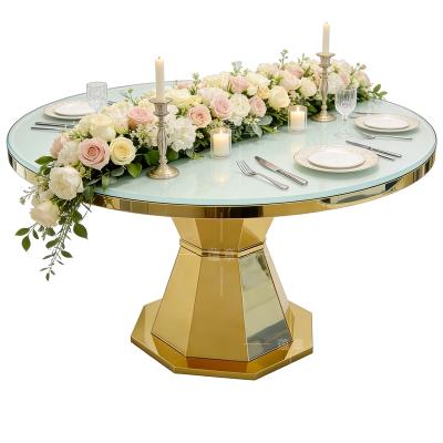 China Luxury Modern Round Shape Glass Top Gold Stainless Steel Base Dining Room Centre Table Outdoor Restaurant Furniture for sale