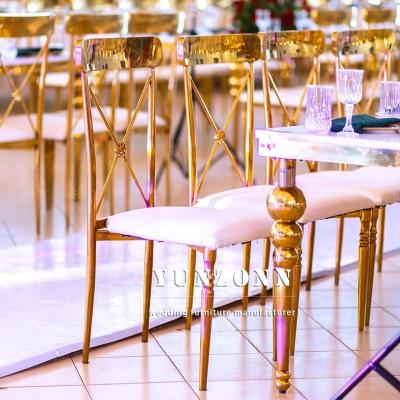 China High Quality Stainless Steel Wedding Chair Cross Back Hotel Hall Dining Chair for Party Event Gold Restaurant Chair for Events for sale