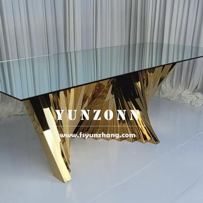 China Luxury High Quality Gold/Silver Stainless Steel Wedding Dining Table with Tempered Glass Table Top for sale