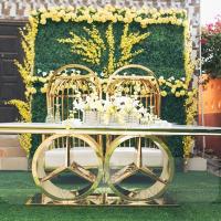 China Modern Style Stainless Steel Frame Wedding Dining Table New Outdoor Hotel Furniture With Glass and MDF for Parties and Events for sale