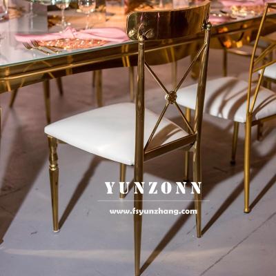 China Modern Gold Stainless Steel Cross Back Dining Chair Velvet Fabric for Weddings Events Rental SS Frame for Living Room Villas for sale