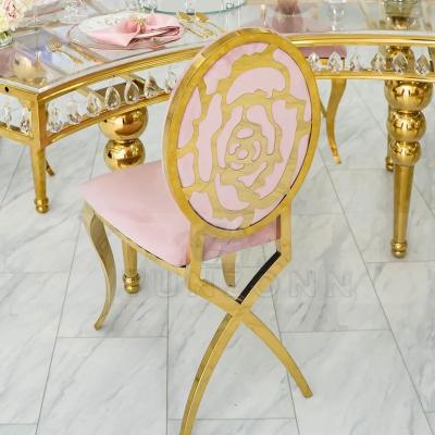 China Modern Pink Velvet Dining Chair with Carved Rose Back Stainless Steel Metal Furniture for Outdoor Apartment Villa Hotels Events for sale