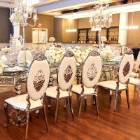 China Modern Gold Stainless Steel Oval Back Chair with Leather for Dining Hall Hotel and Wedding Contemporary Style for Apartment for sale
