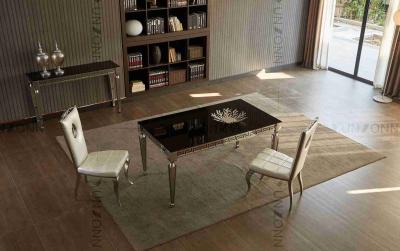 China Concise Black Glass Dining Table Carved Edge Angular Legs For Dining Room for sale