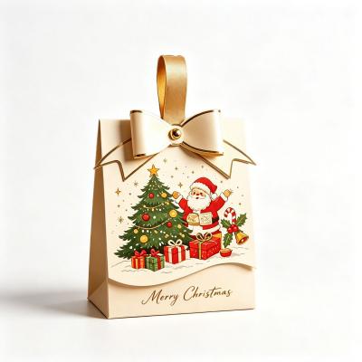China Christmas Candy Gift Box with Cartoon Santa & Pine Tree Design and Light Luxury Satin White Bow for Holiday Parties for sale
