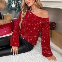 China Elegant One-Shoulder Sequined Top with Exquisite Sequined Decoration and Comfortable Long-Sleeve Design for Christmas for sale