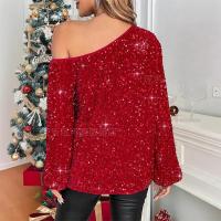 China Elegant One-Shoulder Sequined Top with Exquisite Sequined Decoration and Comfortable Long-Sleeve Design for Christmas for sale