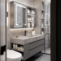 China Modern Style Graphic Design Wash Basin Mirror Cabinet Gray Single Sink Wood for sale