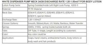 China 316ss Spring White Body Lotion Dispenser Pump Neck 24 / 28 Discharge Rate K202-5 for sale