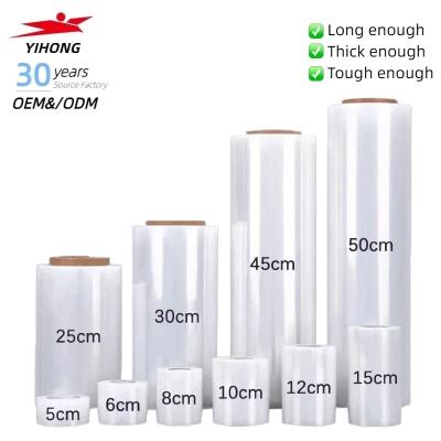 China YIHONG OEM High Strength Soft Clear LLDPE Casting Hand Pallet Wrap Stretch Film 23 Micron 500mm 1500ft Packaging Cling Roll for sale