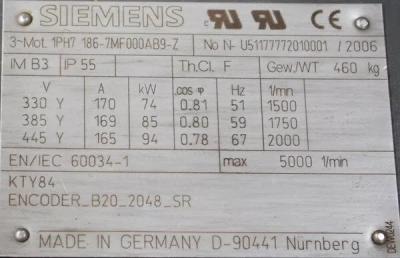 China Siemens 1PH7186-7MF00-0AB9-Z Asynchronous Motor 51kW 1000rpm for Machine Tools for sale