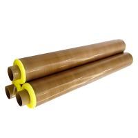 China Brown PTFE Fiberglass Tape With Yellow Release Paper 260℃ High Temperature Resistance Fiberglass Reinforced Non-stick Teflon Cloth Tape for sale