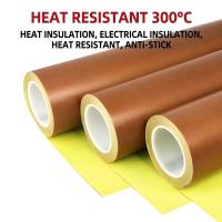 China Brown PTFE Fiberglass Tape With Yellow Release Paper 260℃ High Temperature Resistance Fiberglass Reinforced Non-stick Teflon Cloth Tape for sale