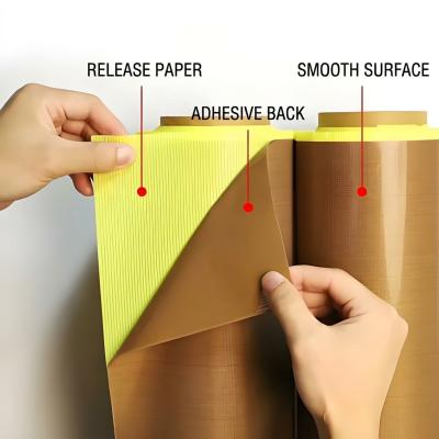 China Brown PTFE Fiberglass Tape With Yellow Release Paper 260℃ High Temperature Resistance Fiberglass Reinforced Non-stick Teflon Cloth Tape for sale