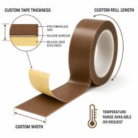 China Brown PTFE Tape with Release Liner / Liner-Backed PTFE Tape / PTFE Glass Cloth Tape with Silicone Adhesive and Yellow Release Paper for Die Cutting, Heat Sealers and Guides for sale