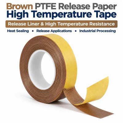 China Brown PTFE Tape with Release Liner / Liner-Backed PTFE Tape / PTFE Glass Cloth Tape with Silicone Adhesive and Yellow Release Paper for Die Cutting, Heat Sealers and Guides for sale