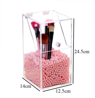 China Covered Makeup Brush Holder with Dustproof Lid, Pearls Beads, Large Capacity Acrylic Clear Organiser for sale