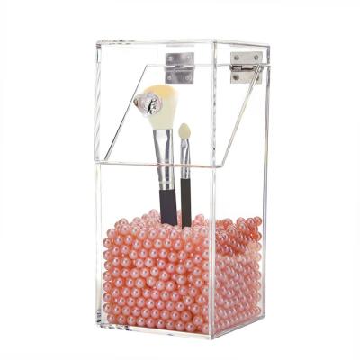 China Covered Makeup Brush Holder with Dustproof Lid, Pearls Beads, Large Capacity Acrylic Clear Organiser for sale
