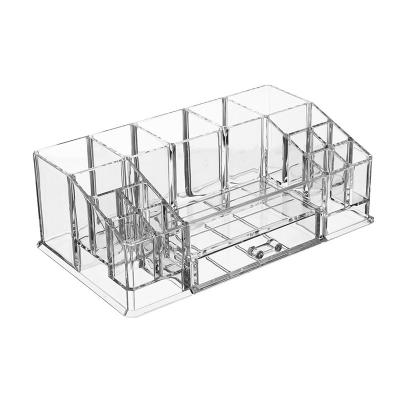 China 17 Slots Clear Cosmetic Storage Organizer Acrylic Vanity Makeup Brushes Holder Accessories Display Cases with Drawer for sale