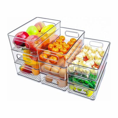 China Stackable Refrigerator Organizer Bin Clear Kitchen Organizer Container Bins with Handles for Pantry, Cabinets, Shelves for sale