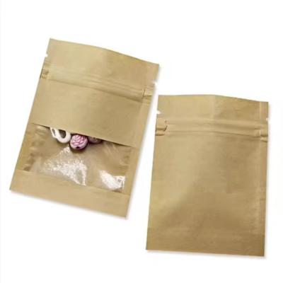 China Small Resealable Three Side Seal White Brown Kraft Paper Bags Zipper Pouches With Clear Window for sale