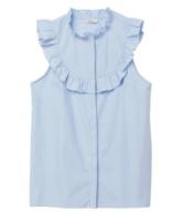 China Polyester Ruffled Collar Pool Blue Women Sleeveless Shirts for sale