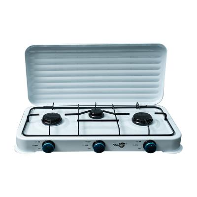 China Three Burner Gas Stove 2.2KW x 2 + 1KW Adjustable Burners Commercial Cooking LPG NG for sale