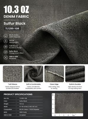China 10.3oz Sulphur Black Cotton-Polyester Denim for Durable Jeans & Daily Apparel for sale