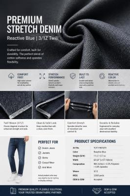 China 11.3/12.7oz Reactive Blue Cotton-Rich Stretch Denim for Daily Jeans & Casual Apparel for sale