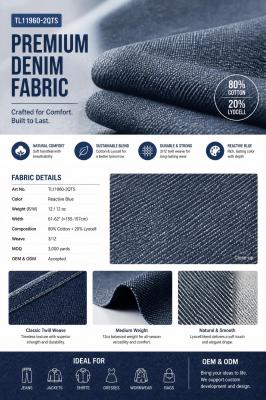 China 12oz Reactive Blue Cotton-Lyocell Mid-Heavy Denim for Classic Jeans & Casual Apparel for sale