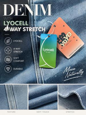 China 12.4oz Cotton Polyester Lyocell Lycra 4-Way Stretch Denim Fabric with Special Weave Texture in Deep Blue for sale