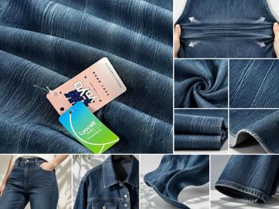 China Blue+Green Special Weave 4-Way Stretch Vertical Slub Denim Fabric | TLK11235-1GG Vertical Slub Denim With Lyocell & LYCRA for sale