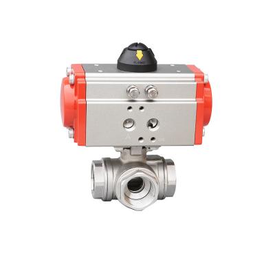 China Stainless Steel Three Way Ball Valve With Pneumatic Actuator NPT Bsp BSPT End Connection for sale