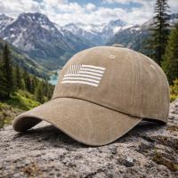 China Embroidery on Hat – Custom Khaki Baseball Cap with Minimal USA Flag Embroidery | Washed Cotton Dad Hat Supplier for sale