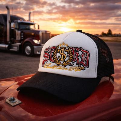 China Embroidery on Hat – Custom Trucker Cap with Luxury Crest Embroidery | Premium Streetwear Mesh Hat Manufacturer for sale