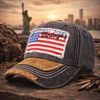 China Embroidered Patch Hat Custom | Vintage American Flag Baseball Cap | Distressed Denim Patch Hats Wholesale Manufacturer for sale