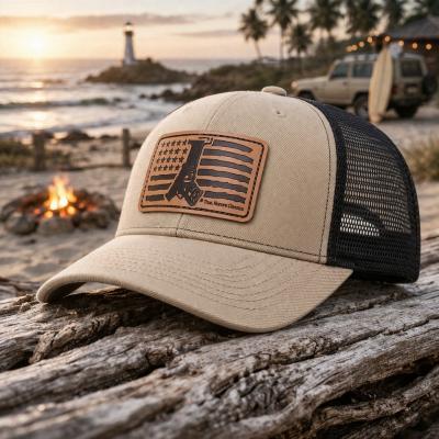 China Leather Patch Hat Custom Trucker Cap American Flag Style Western Caps Custom Logo Mesh Hats Wholesale Manufacturer for sale
