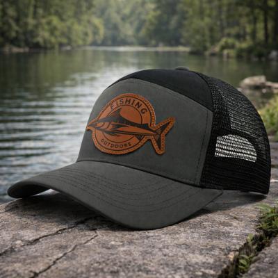 China Outdoor Fishing Trucker Hat – Custom Leather Patch Mesh Cap | Breathable Snapback Trucker Hat | Hunting & Outdoor Cap for sale