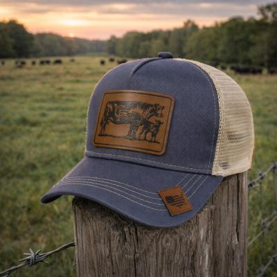 China Leather Patch Trucker Hat – Custom Mesh Back Cap | Rustic Outdoor Snapback Hat | Breathable Fishing & Farm Style Cap for sale
