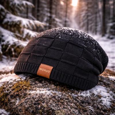 China Textured Knit Beanie with Leather Patch – Warm Winter Beanie Hat | Soft Stretch Slouchy Beanie | Custom Logo Knit Cap for sale