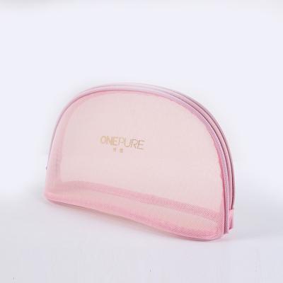 China Custom Transparent Nylon Mesh Pink Makeup Bag  21*13*3 Cm Embroidery Letters for sale