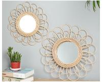 China Handmade Wicker Hanging Mirror with Sunflower Design Wall Decor for sale