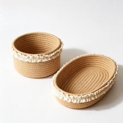 China Eco-Friendly Customizable Cotton Rope Storage Basket with Lace Trim for sale