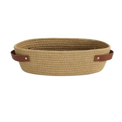 China Foldable Cotton Woven Rope Storage Basket with Leather Handles for sale