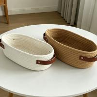China Foldable Cotton Woven Rope Storage Basket with Leather Handles for sale