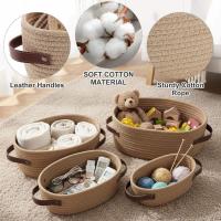 China Foldable Cotton Woven Rope Storage Basket with Leather Handles for sale