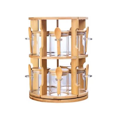 China Double Tier Wooden Rotating Can Storage Rack for Kitchen Organizer and Spice Storage for sale