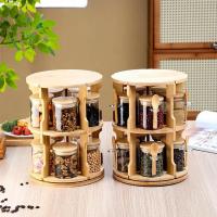China Double Tier Wooden Rotating Can Storage Rack for Kitchen Organizer and Spice Storage for sale
