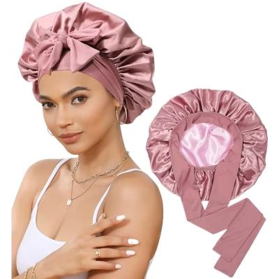 China Adjustable Satin Silk Lined Double Layer Hair Bonnet With Tie Band for sale
