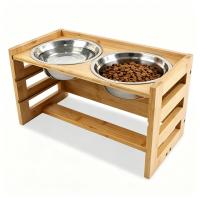 China Height Adjustable Bamboo Elevated Dog Bowls Raised Pet Feeder Stand for sale